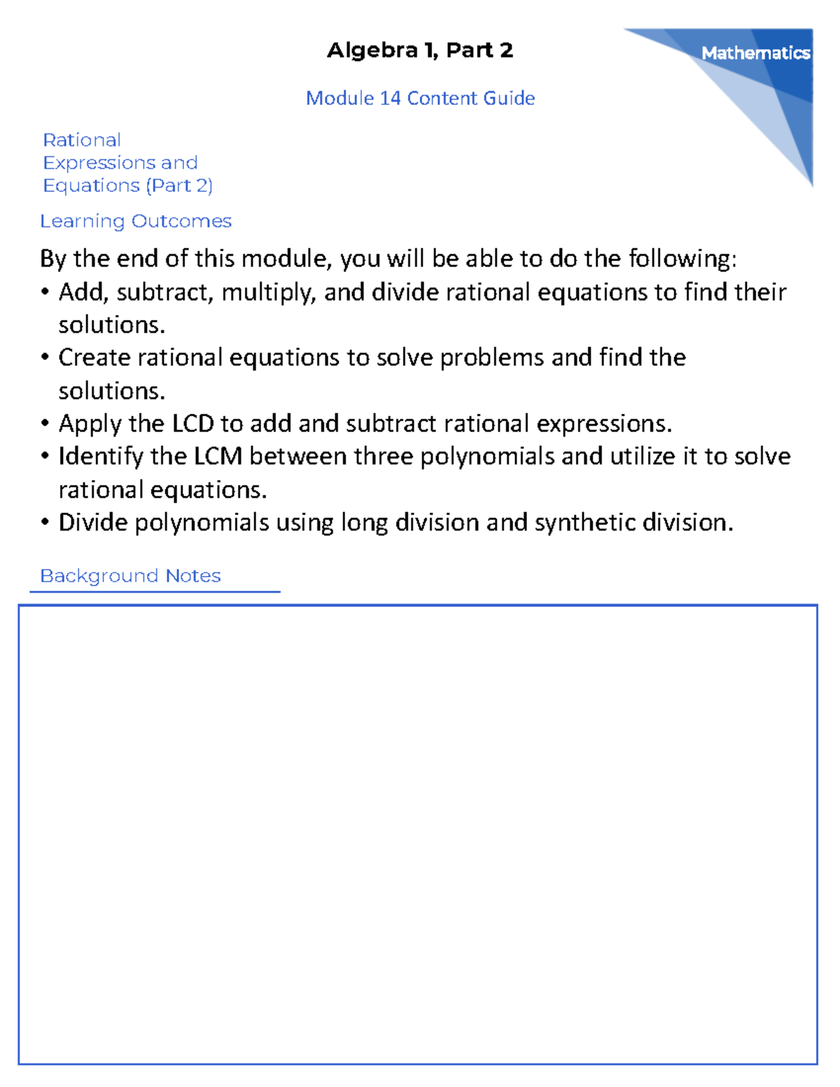 Algebra 1, Part 2: Final Exam Content Guide on Rational Expressions ...