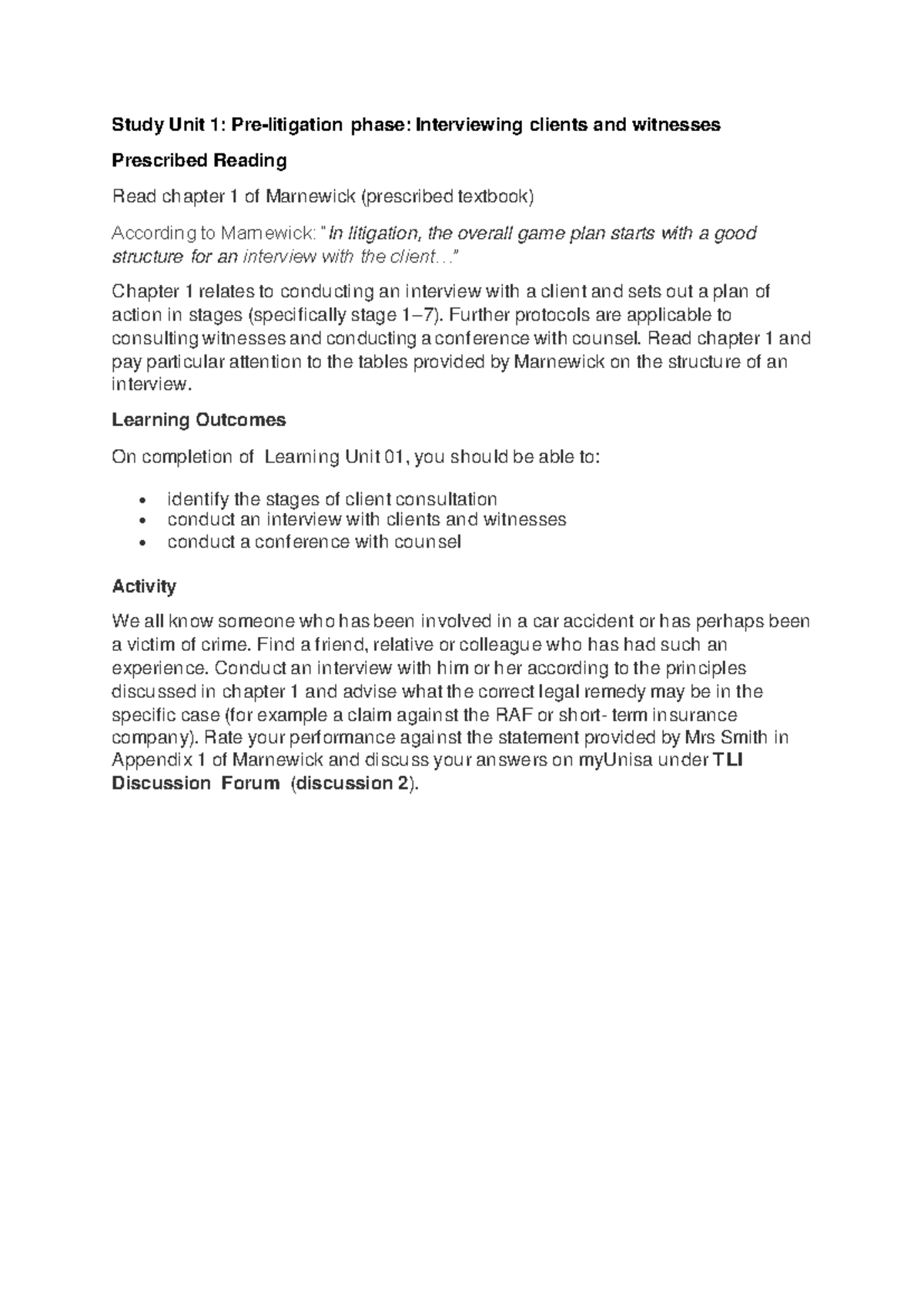 Study unit 1 Pre litigation phase Interviewing clients and witnesses ...