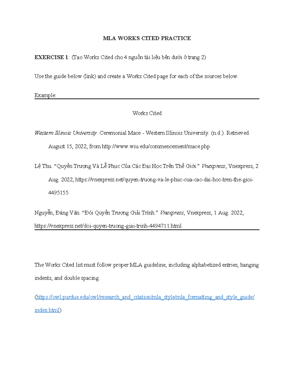 Works Cited - Homework - btvn - MLA WORKS CITED PRACTICE EXERCISE 1 ...