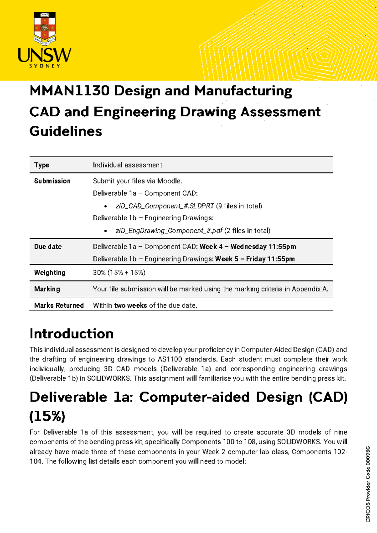MMAN1130 Individual Assessment: CAD & Engineering Drawings Guide - Studocu