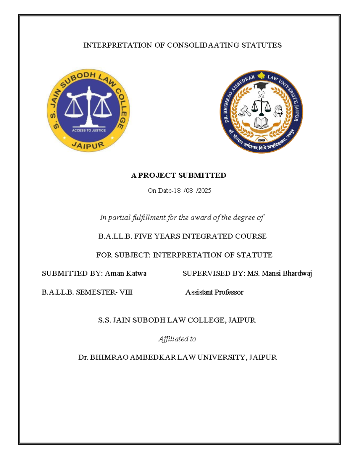 Interpretation of Consolidating Statutes: A Project for B.A.LL.B. - Studocu