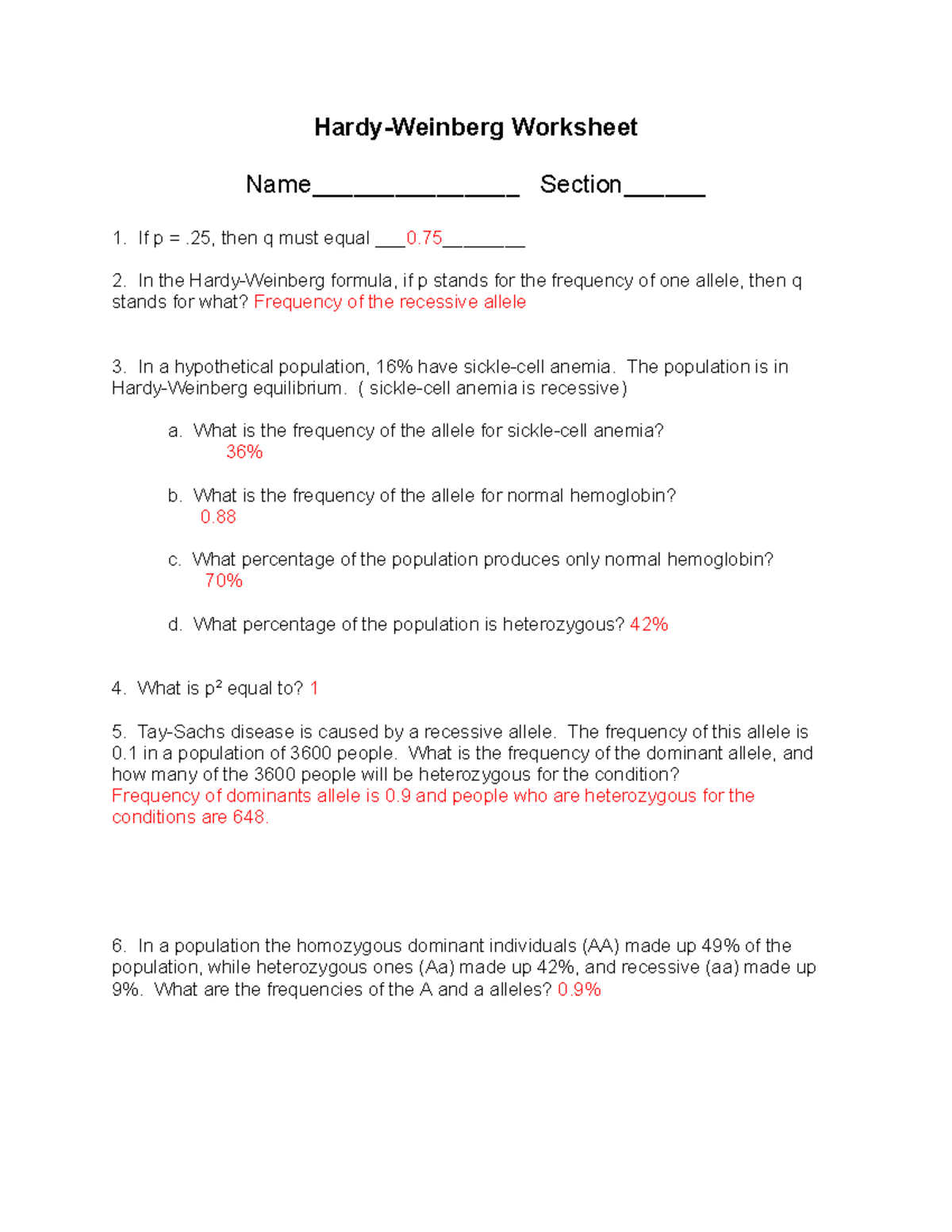 Hardy-Weinberg Worksheet - Hardy-Weinberg Worksheet Name ...