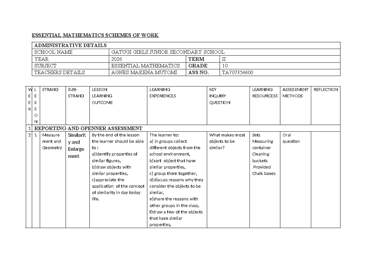 Grade 10 Essential Mathematics Term II Schemes of Work - Studocu