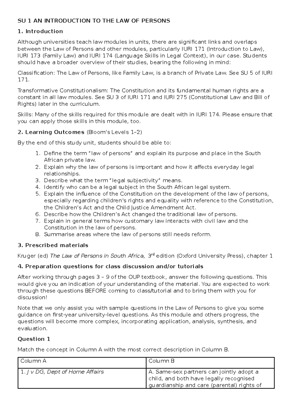 SU 1: An Intro to the Law of Persons - Learning Outcomes & Key Concepts ...