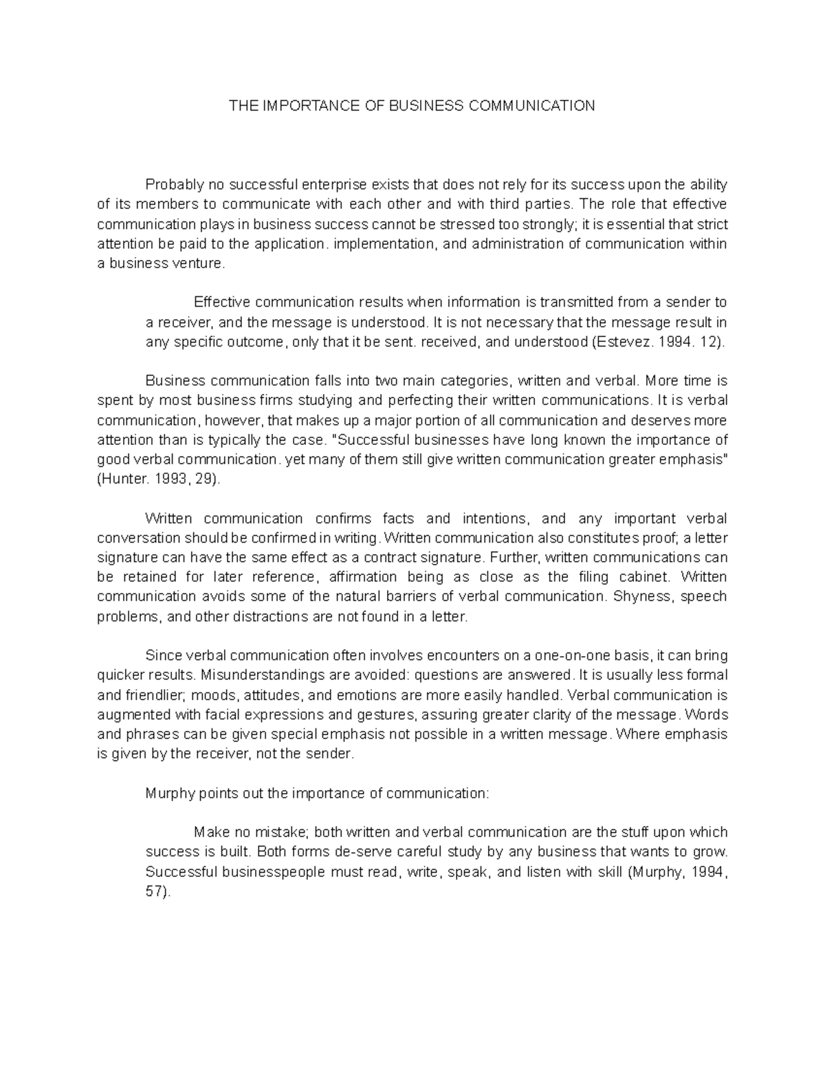 BUS 101: The Importance of Business Communication - Two-Page Report ...