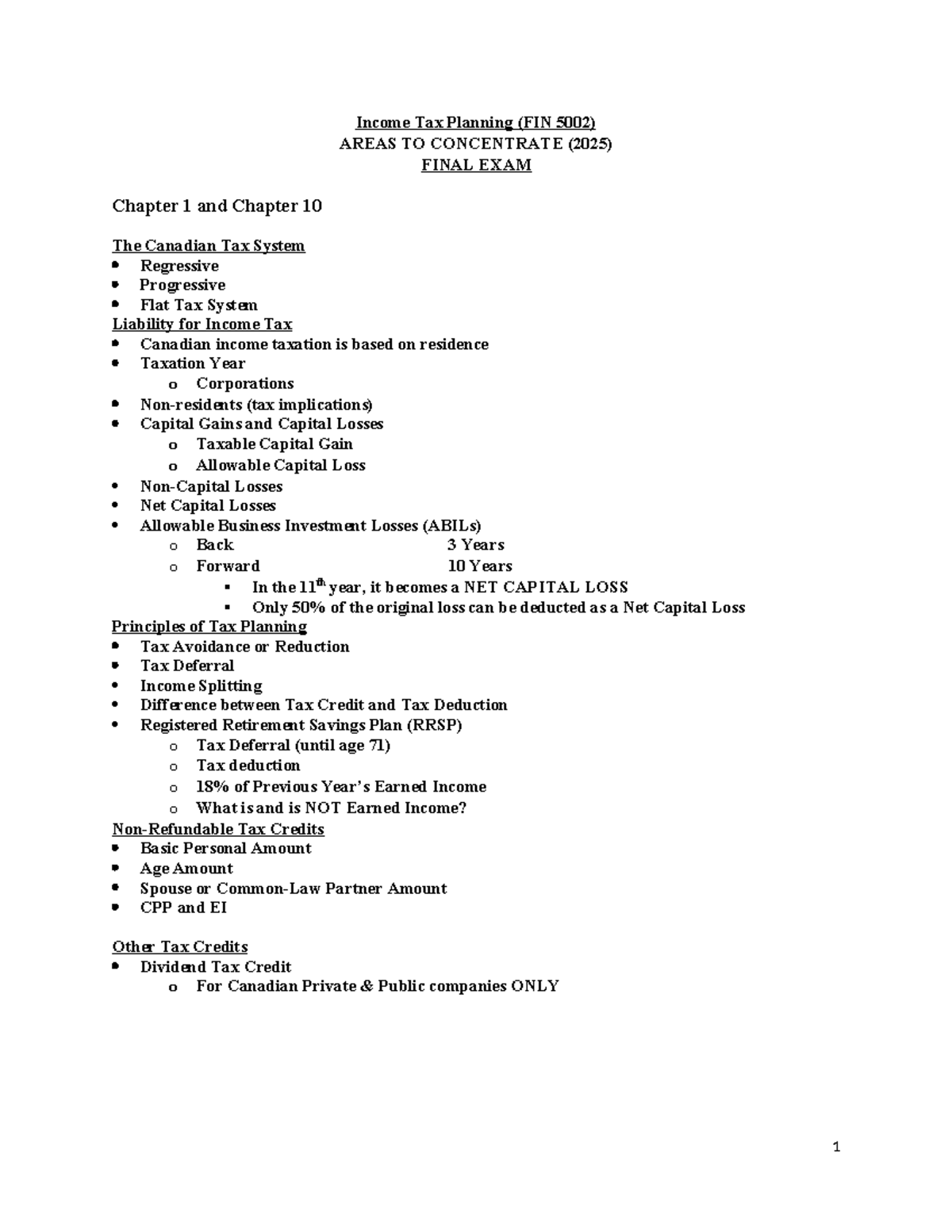 Income Tax Planning (FIN 5002) Final Exam Study Guide 2025 - Studocu