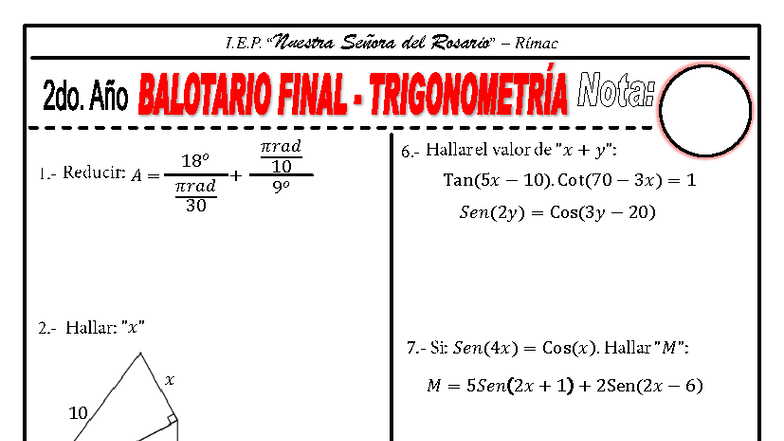2º Balotario - Trigonometría I.E.P. Señora del Rímac - Studocu