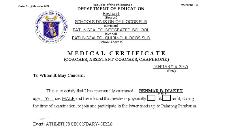 Medical Certificate for Coaches & Chaperones - MCForm 3 - Studocu
