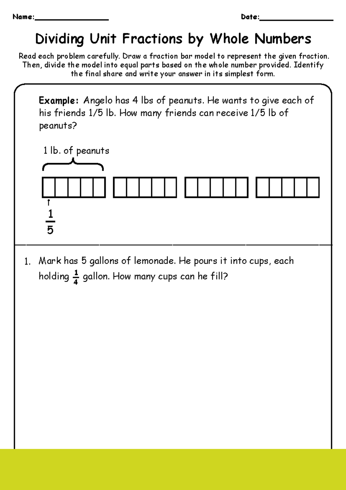 Dividing Unit Fractions by Whole Numbers - 5th Grade Worksheet - Name ...