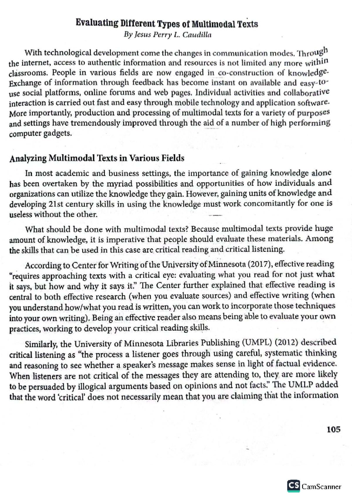 Evaluating Multimodal Texts: Critical Analysis and Insights CS 106 ...