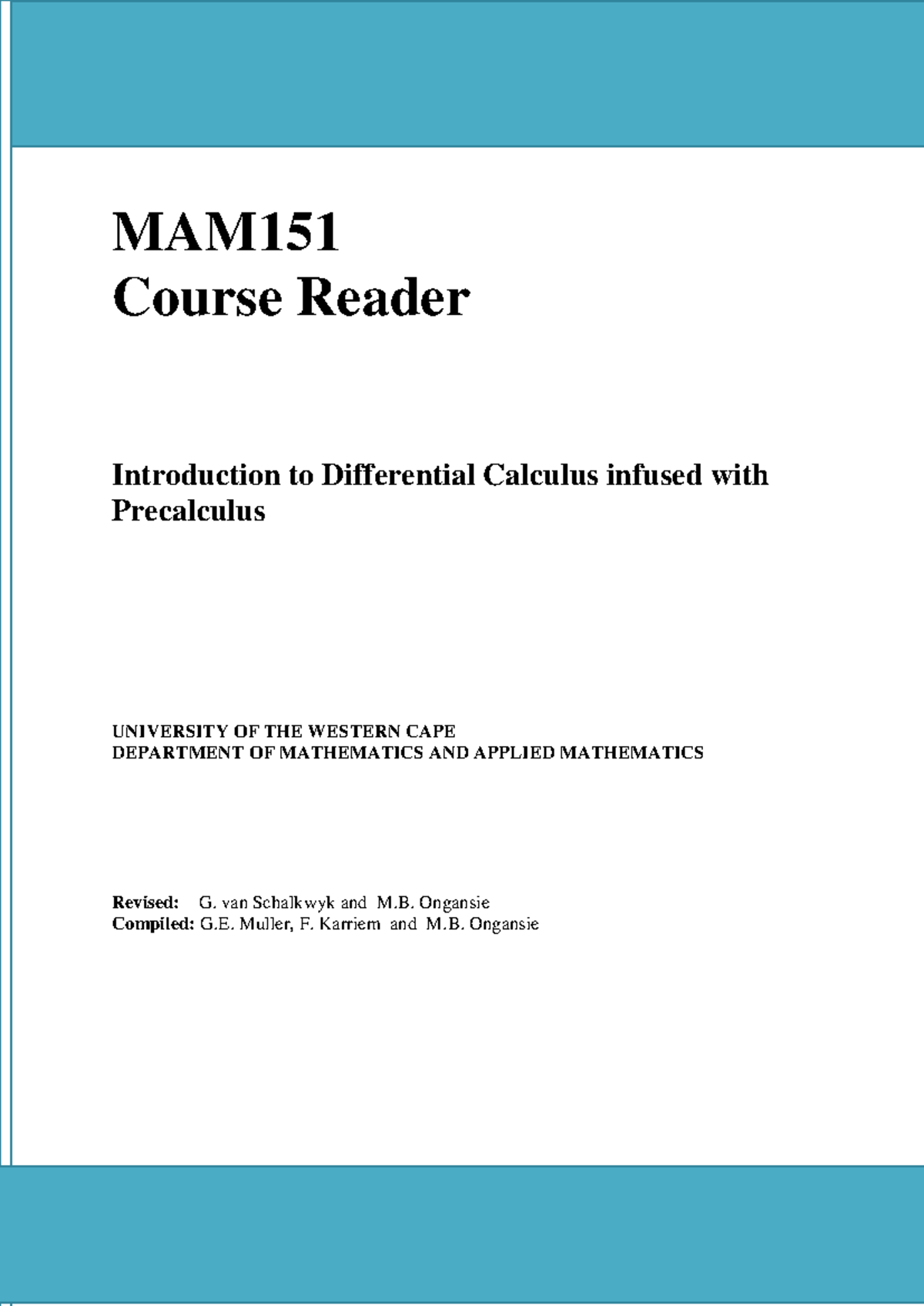 MAM151 Final Exam Course Reader: Intro to Differential Calculus - Studocu