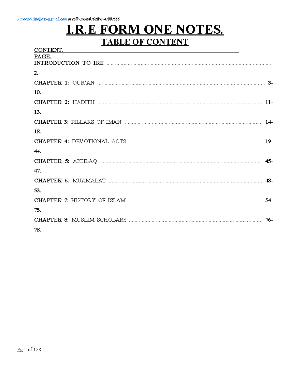 IRE FORM 1: Comprehensive Notes on Islamic Religious Education - Studocu