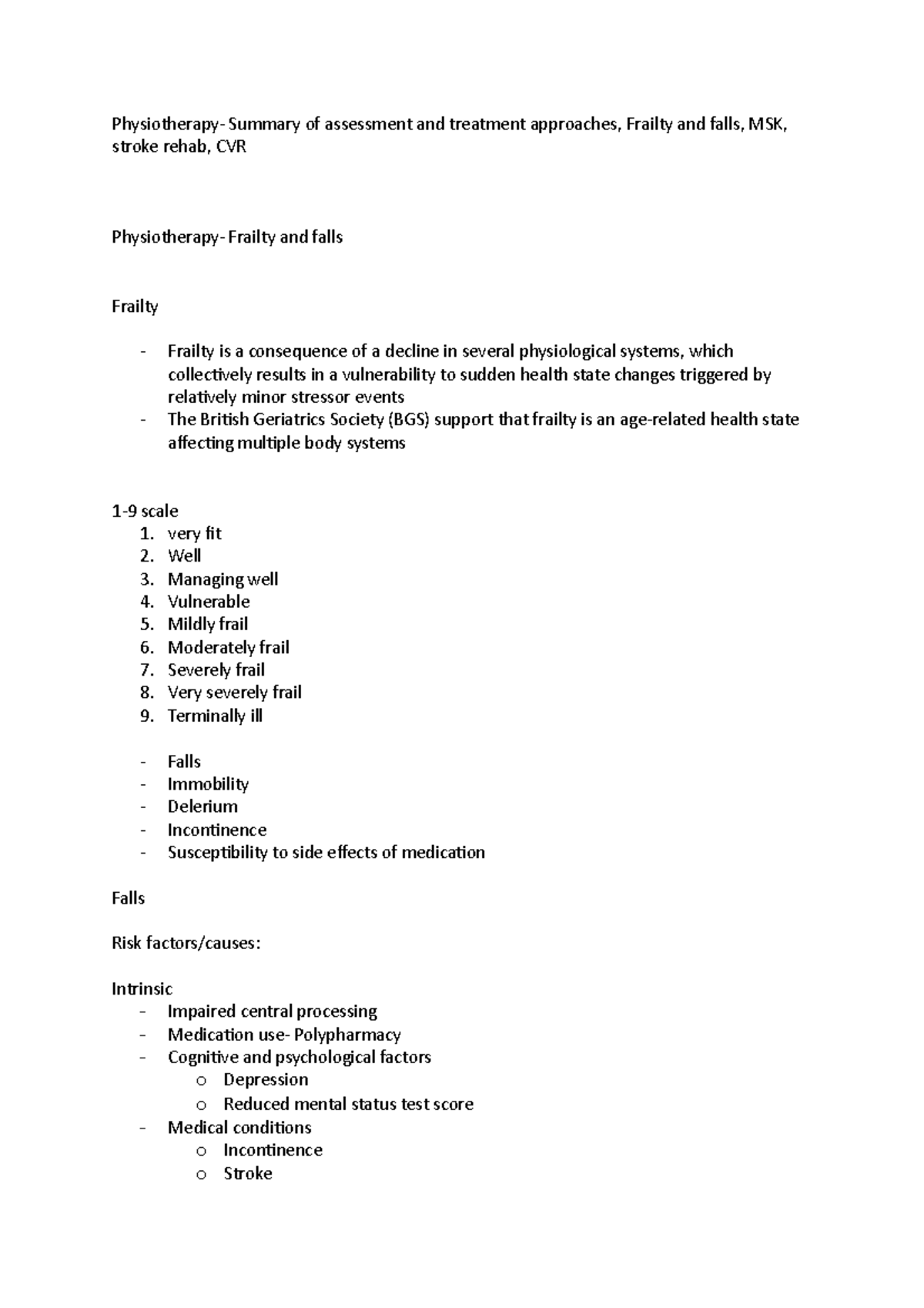 Physiotherapy- Summary of assessment and treatment approaches, Frailty ...