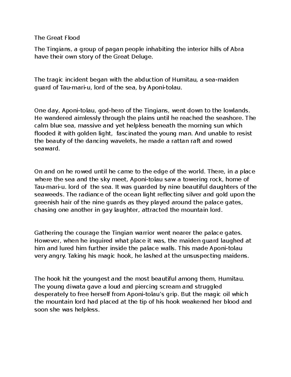 The-Great-Flood (Tingian Myth) - Aponi-tolau's Adventure - Studocu