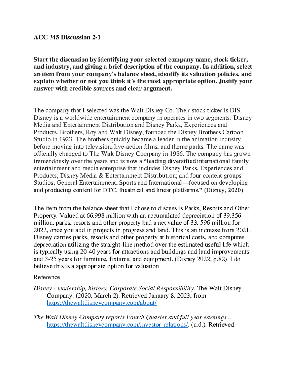 ACC 345 Discussion 2-1: Analysis of Disney's Balance Sheet Item - Studocu
