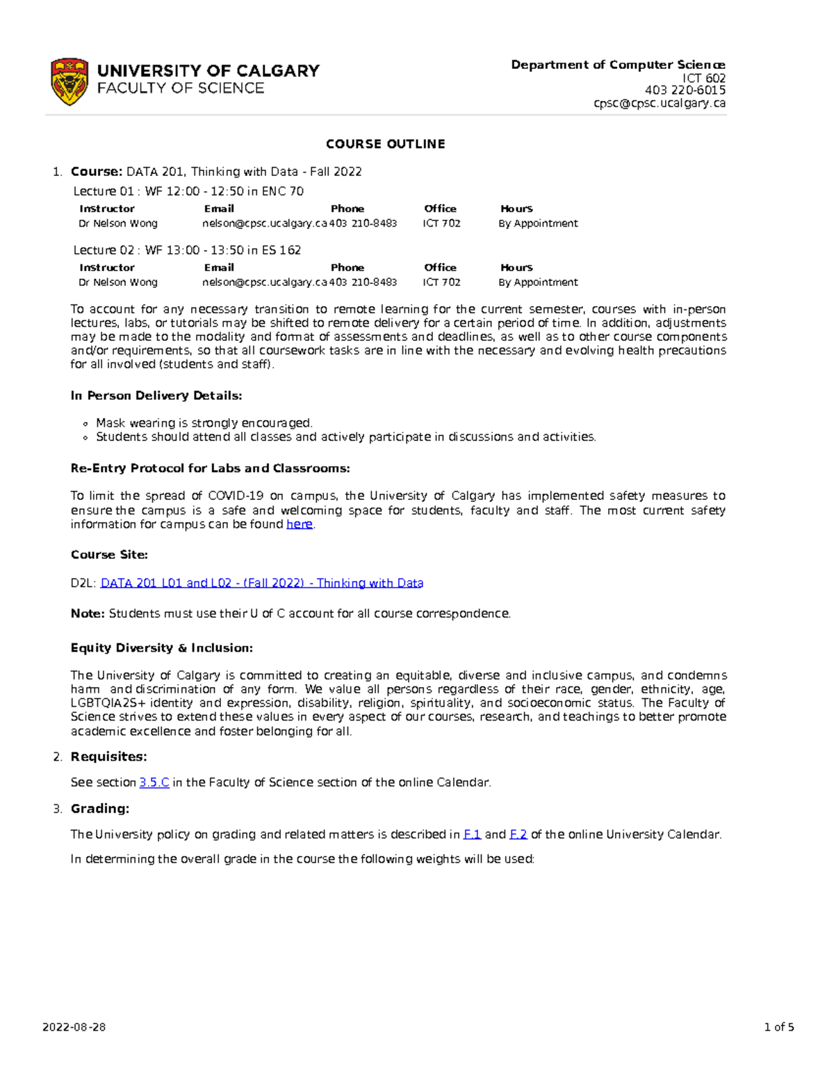 DATA 201 Course Outline - Thinking with Data, Fall 2022 Overview - Studocu