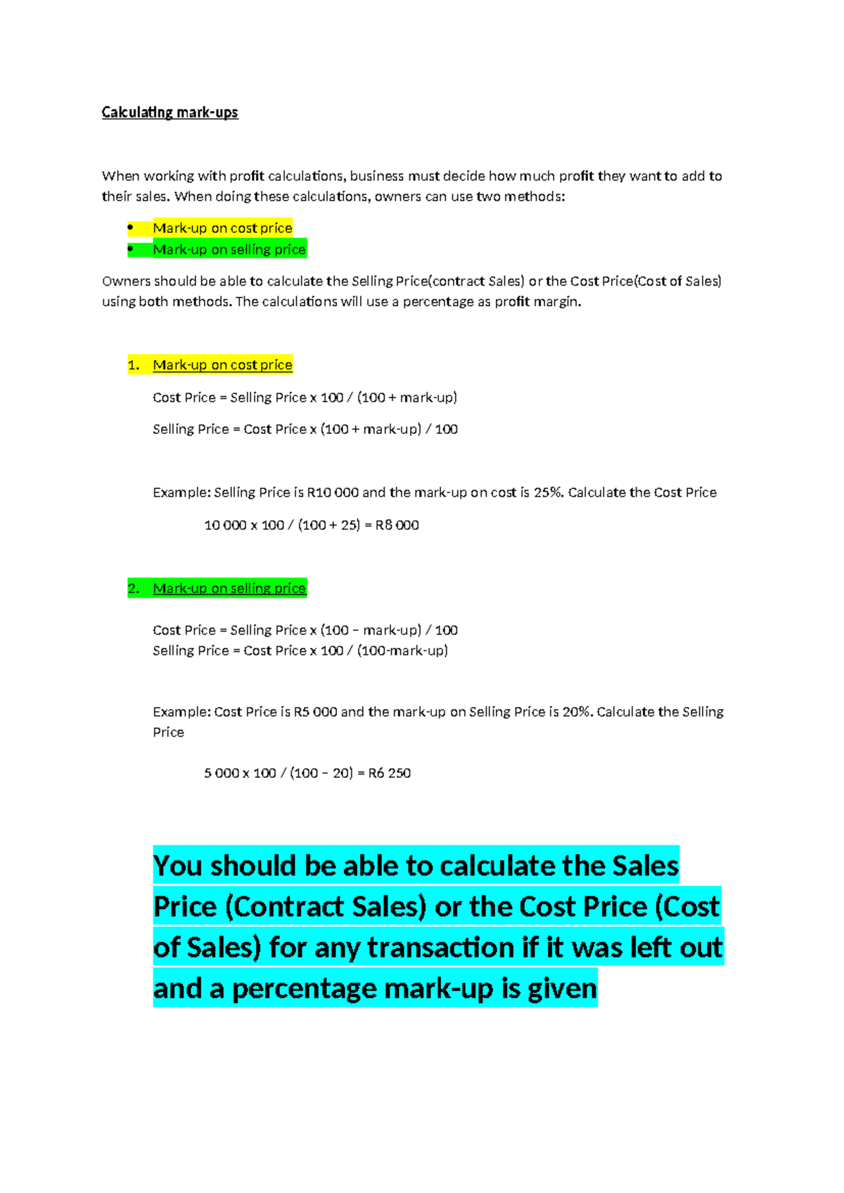 Calculating Mark-Ups and Profit Margins for Sales Pricing - Studocu
