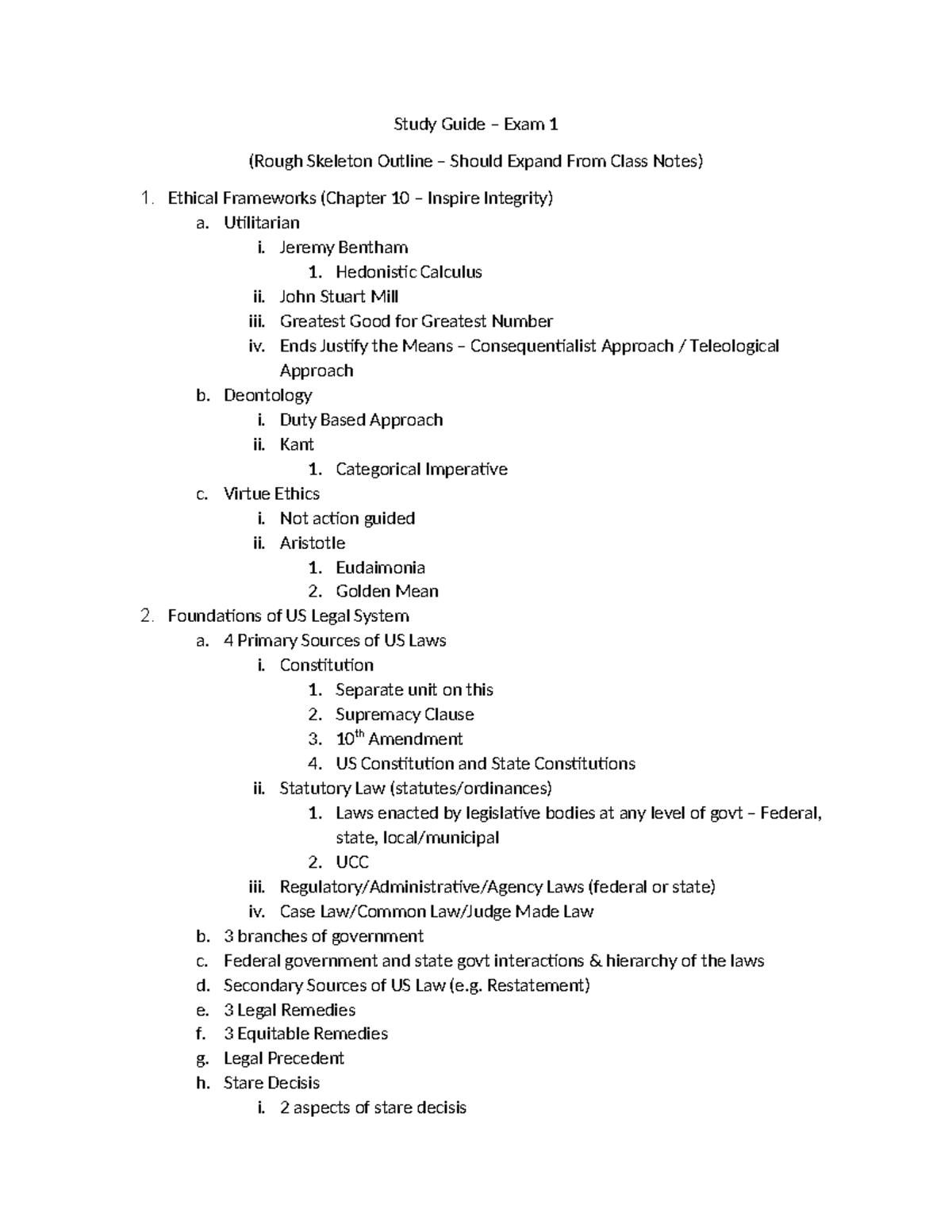 Final Exam Study Guide: Ethical Frameworks & US Legal System (Course Code) - Studocu