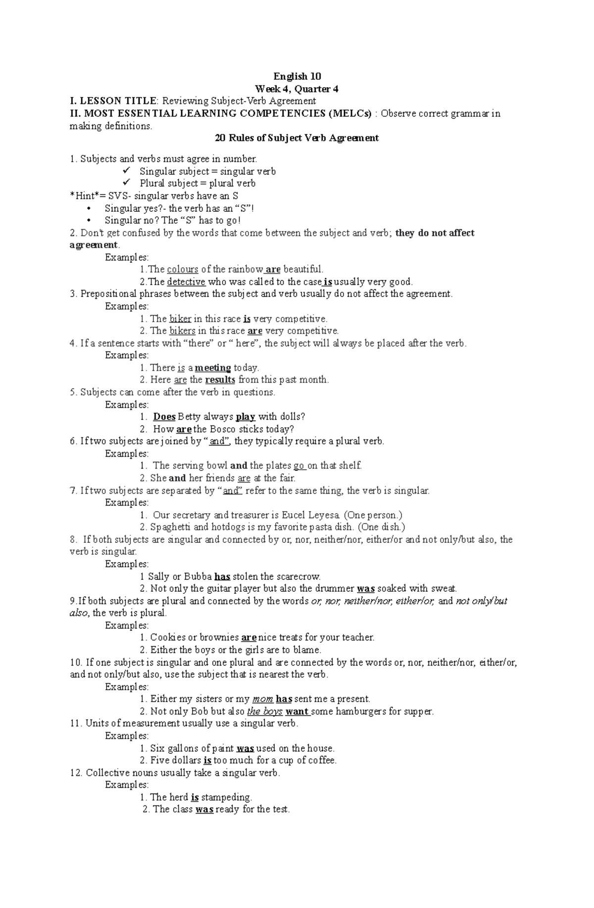 Subject Verb Agreement Lesson and PT - English 10 Week 4, Quarter 4 I ...
