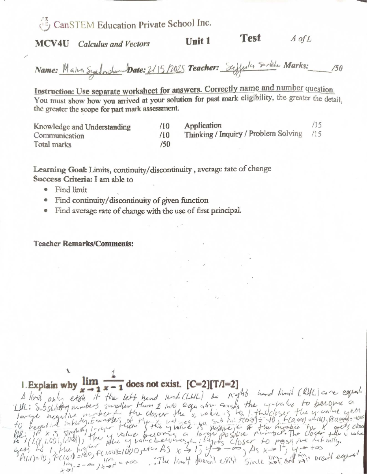 Unit1-Test-MCV4U - Calculus and Vectors Unit 1 Test Overview - Studocu