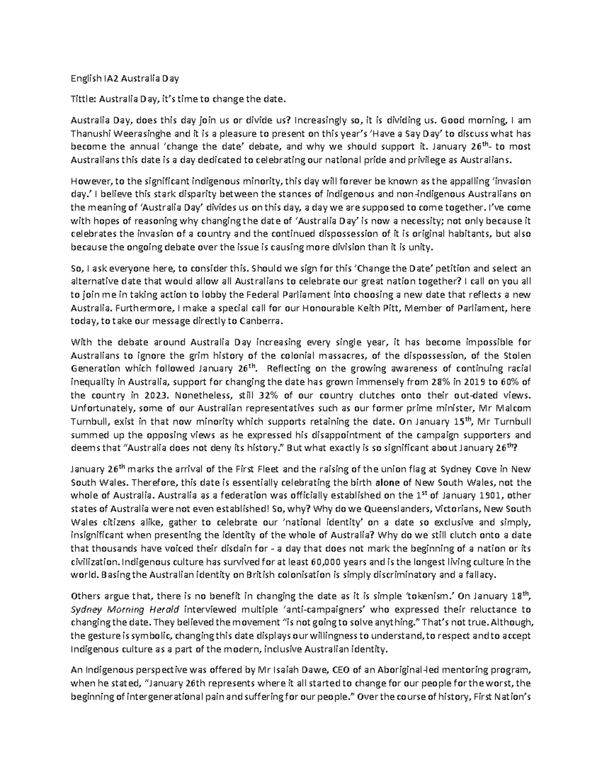 Year 12 English IA2: Australia Day Debate - Time for Change? - Studocu