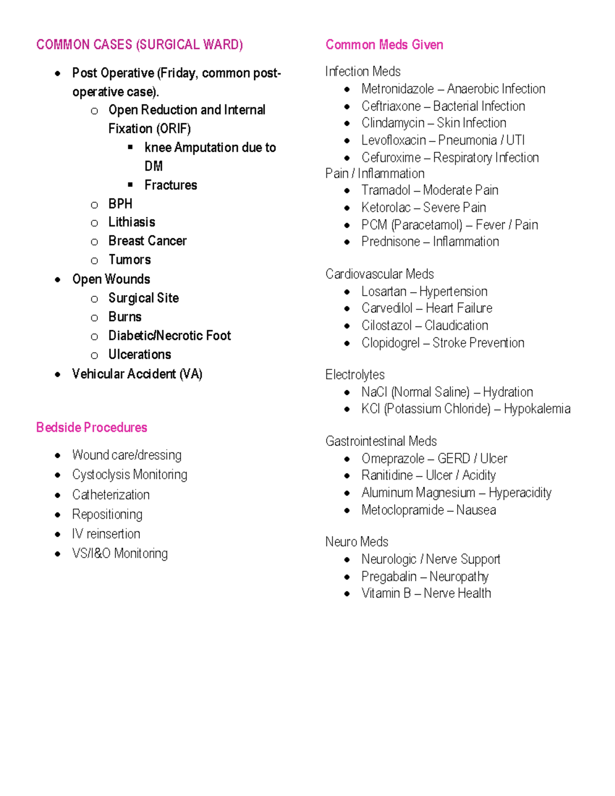 Common Diagnoses and Procedures in Surgical Ward (NURS 301) - Studocu