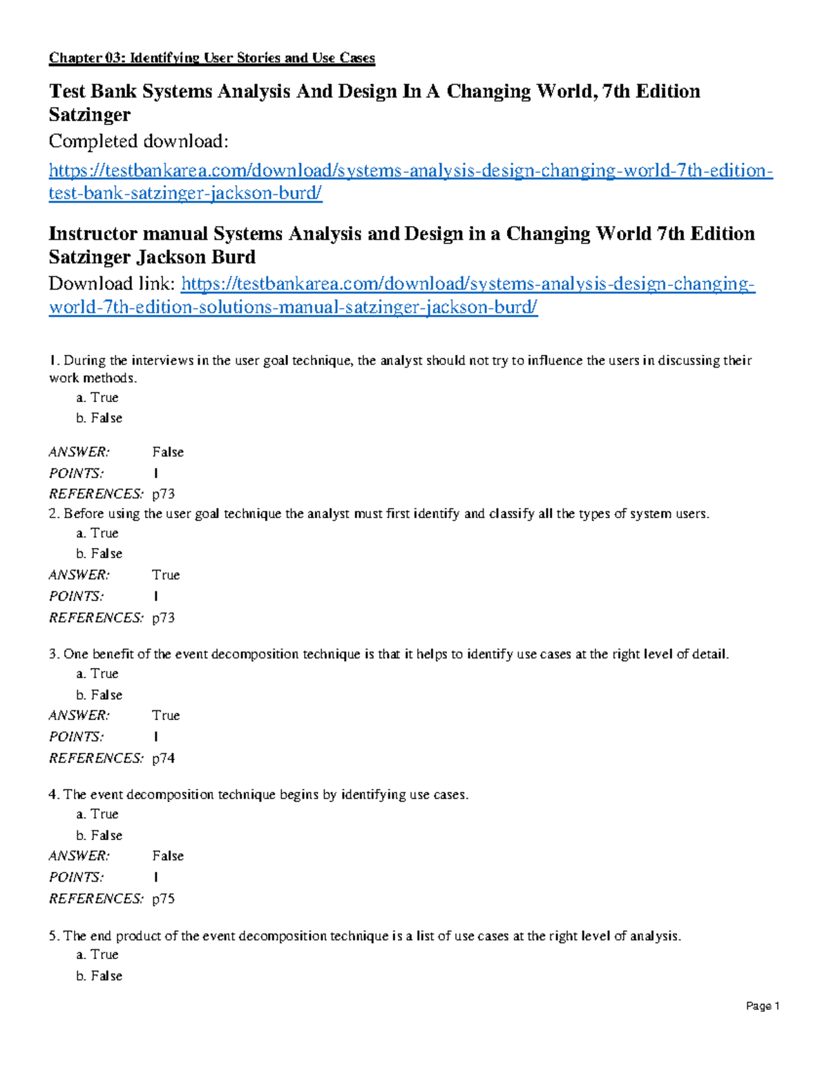 Test Bank: Systems Analysis and Design, 7th Ed. (Satzinger) - Studocu