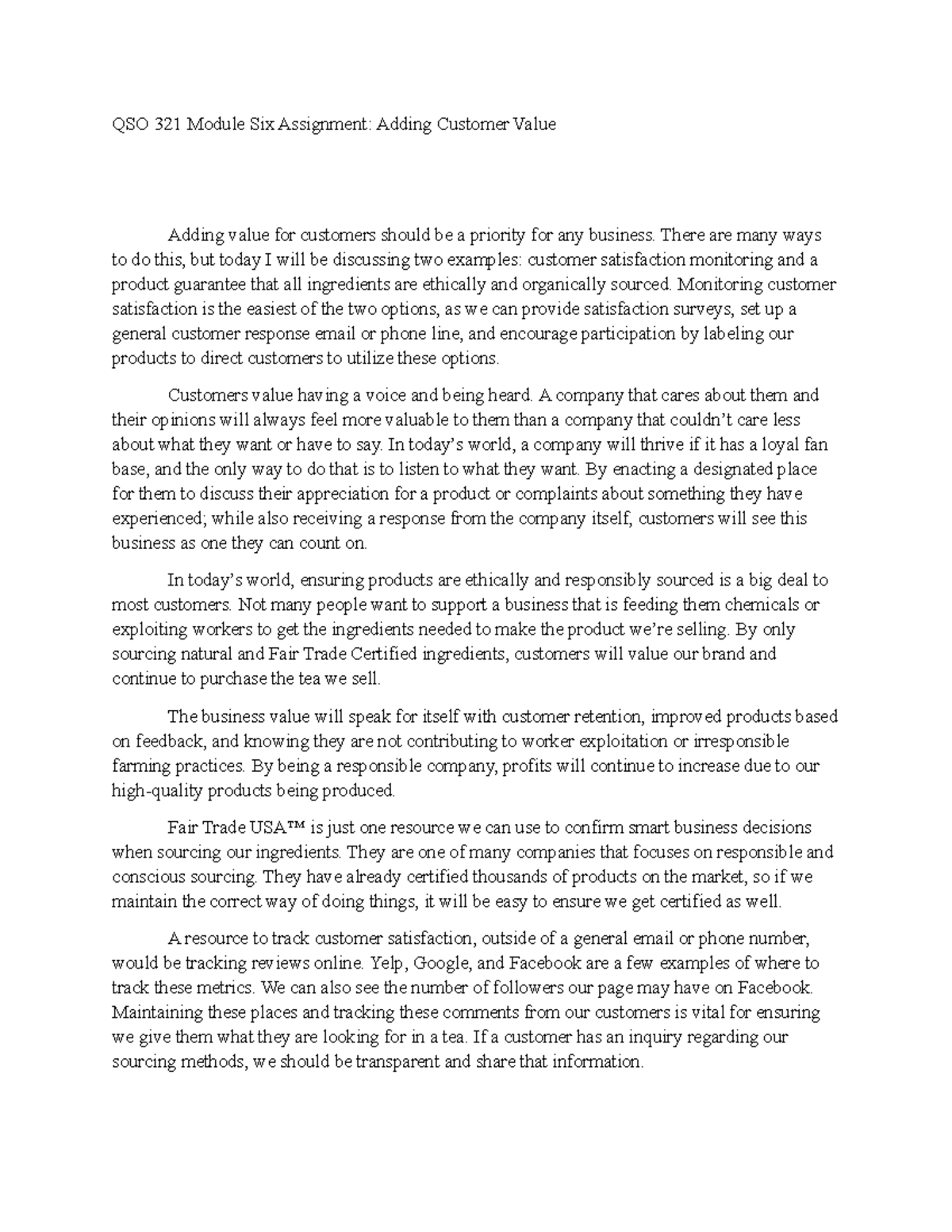 QSO 321 Mod 6 Assgn: Enhancing Customer Satisfaction & Value - Studocu