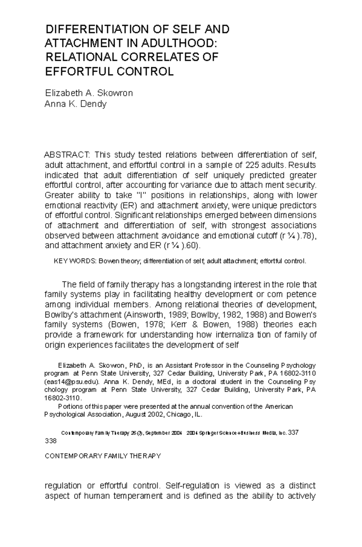 Differentiation of Self & Attachment: Correlates of Effortful Control ...