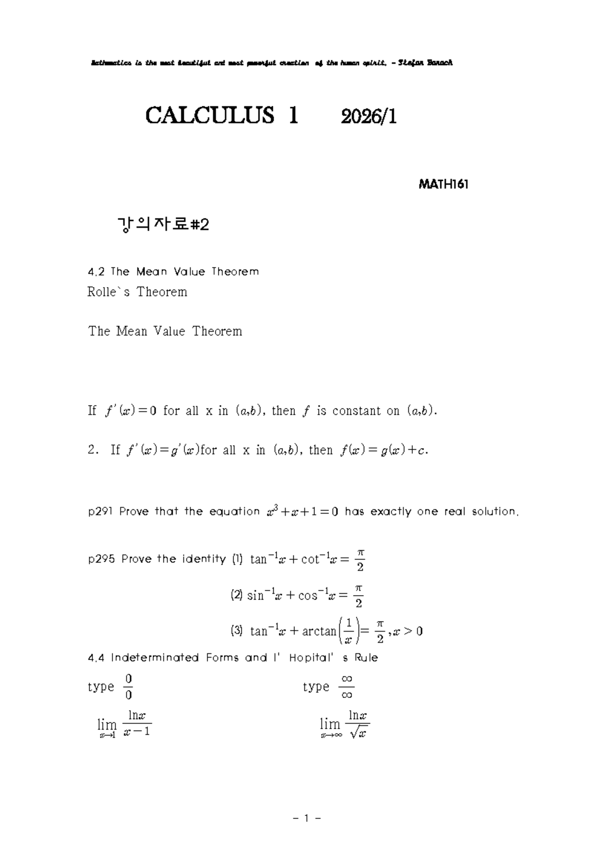 MATH161 Calculus 1 Lecture Notes: Mean Value Theorem & More - Studocu