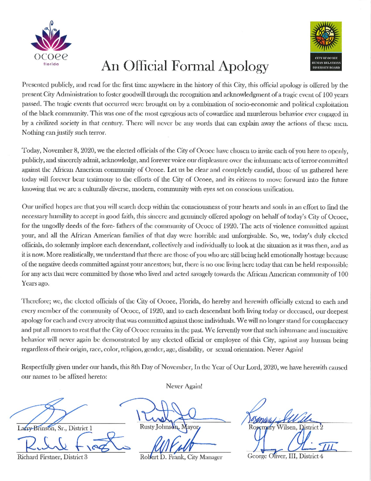 Official Apology from Ocoee City Administration - Nov 2020 - Studocu