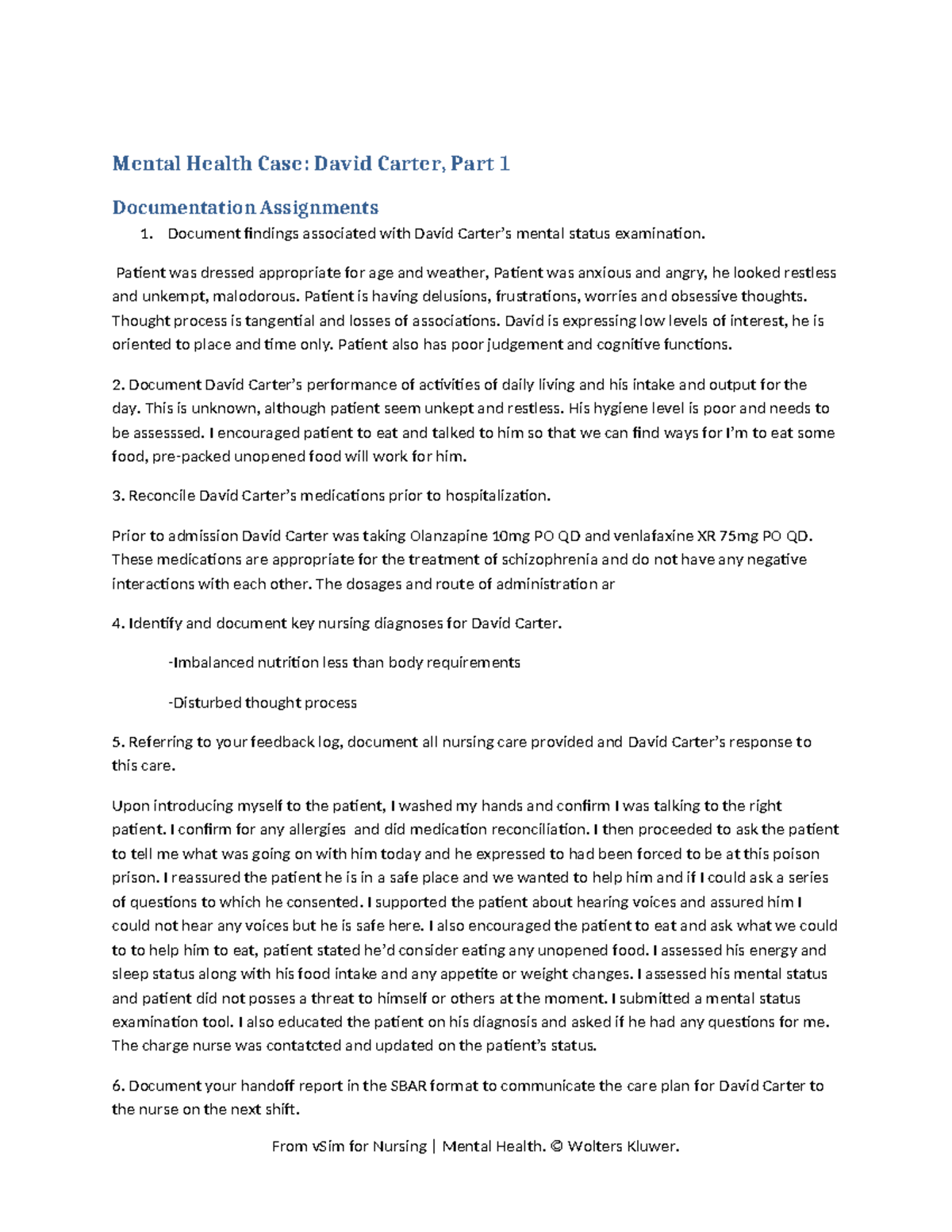 Mental health case study: David Carter documentation assignments - Studocu