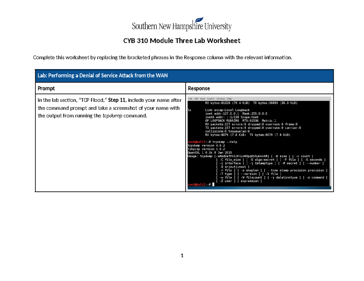 CYB 310 Module Three Lab: Denial of Service Attack Exercises - Studocu