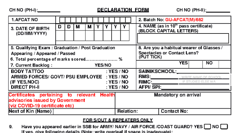 Mandatory Forms for AFCAT 682: Candidate Declaration & Questionnaire ...