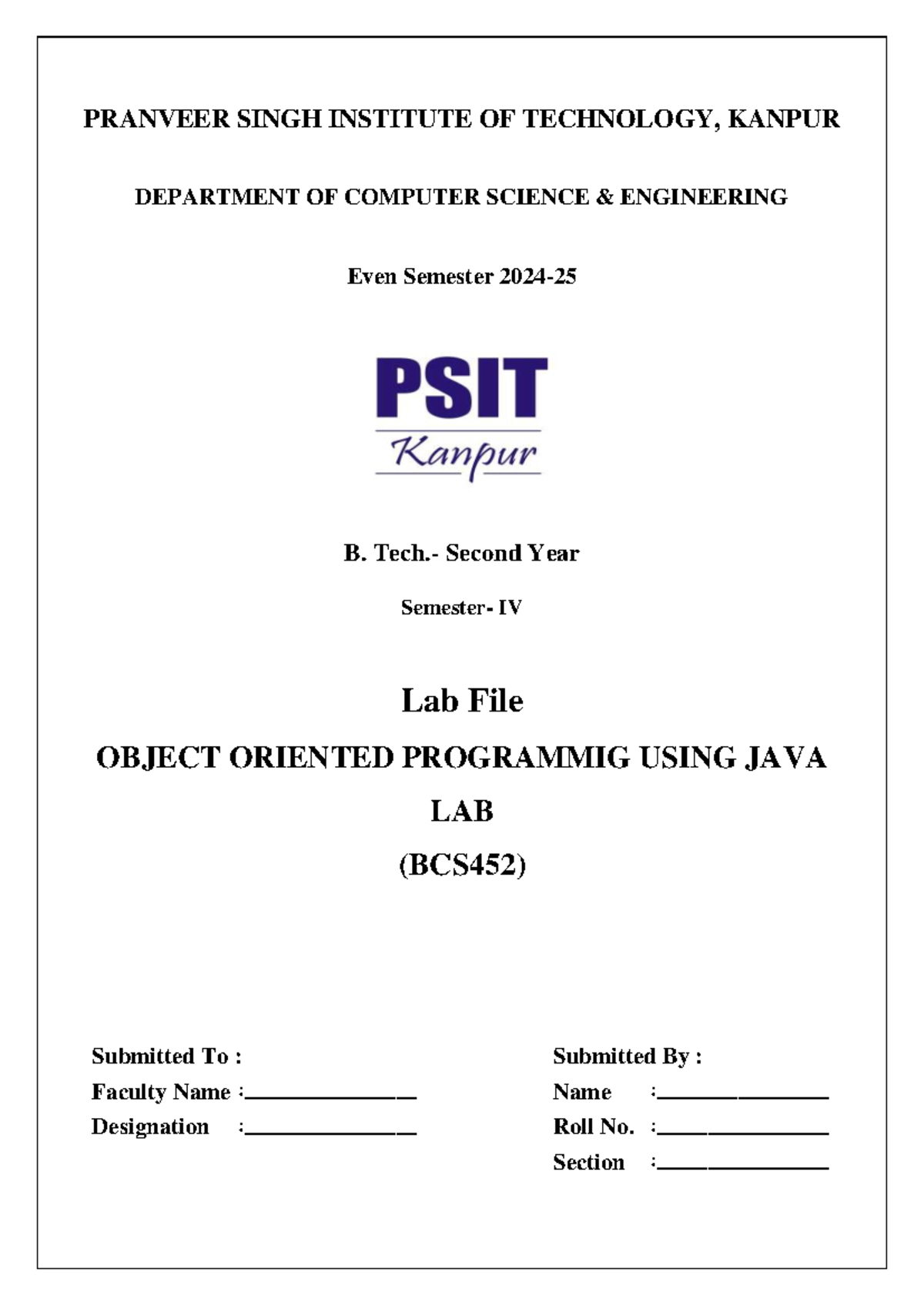 BCS452 - Object Oriented Programming Lab File with Java Experiments - Studocu