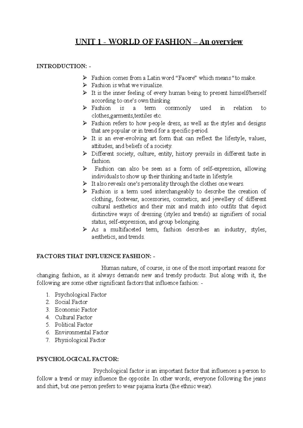 UNIT 1 - World of Fashion: Key Concepts and Influencing Factors - Studocu