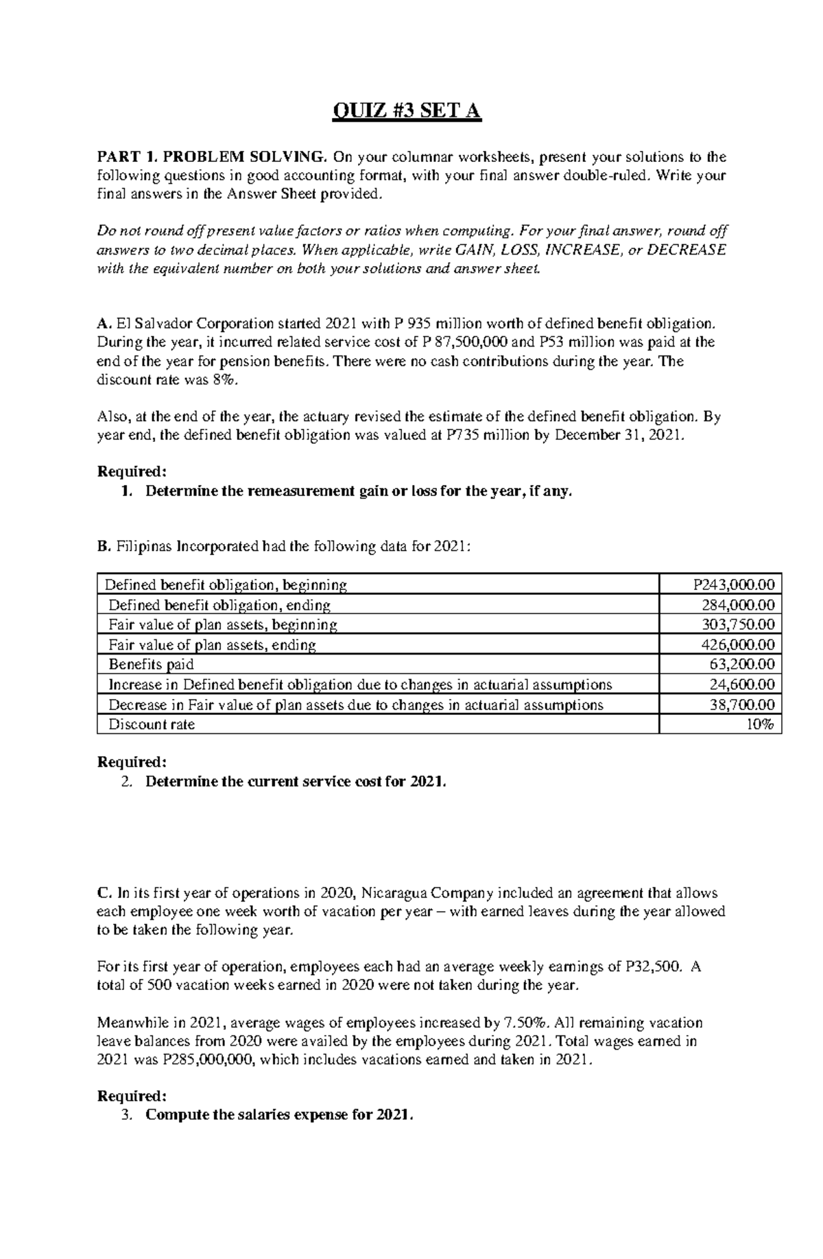 QUIZ 3 WITH Answers - ACYFAR4 - QUIZ # 3 SET A PART 1. PROBLEM SOLVING ...