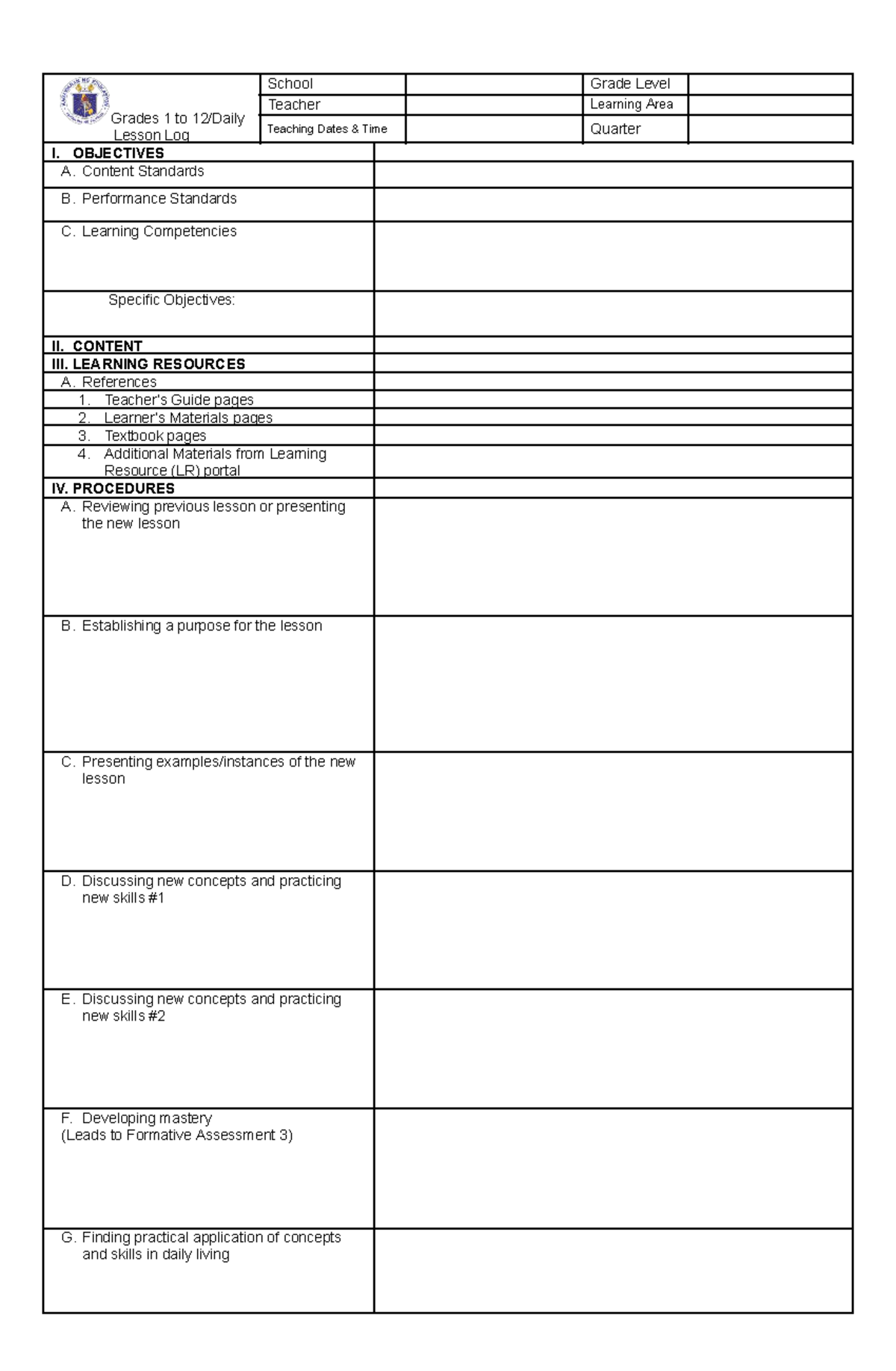 Daily Lesson LOG Template - Grades 1 to 12/Daily Lesson Log School ...