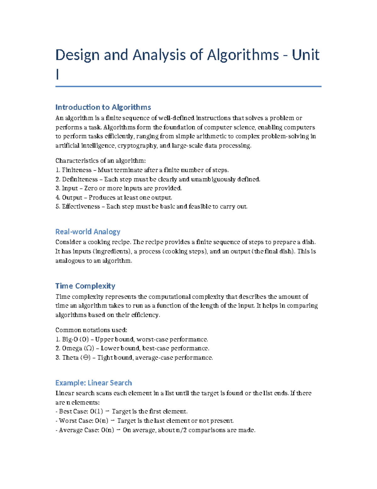 DAA Unit I: Introduction to Algorithms and Complexity Analysis - Studocu
