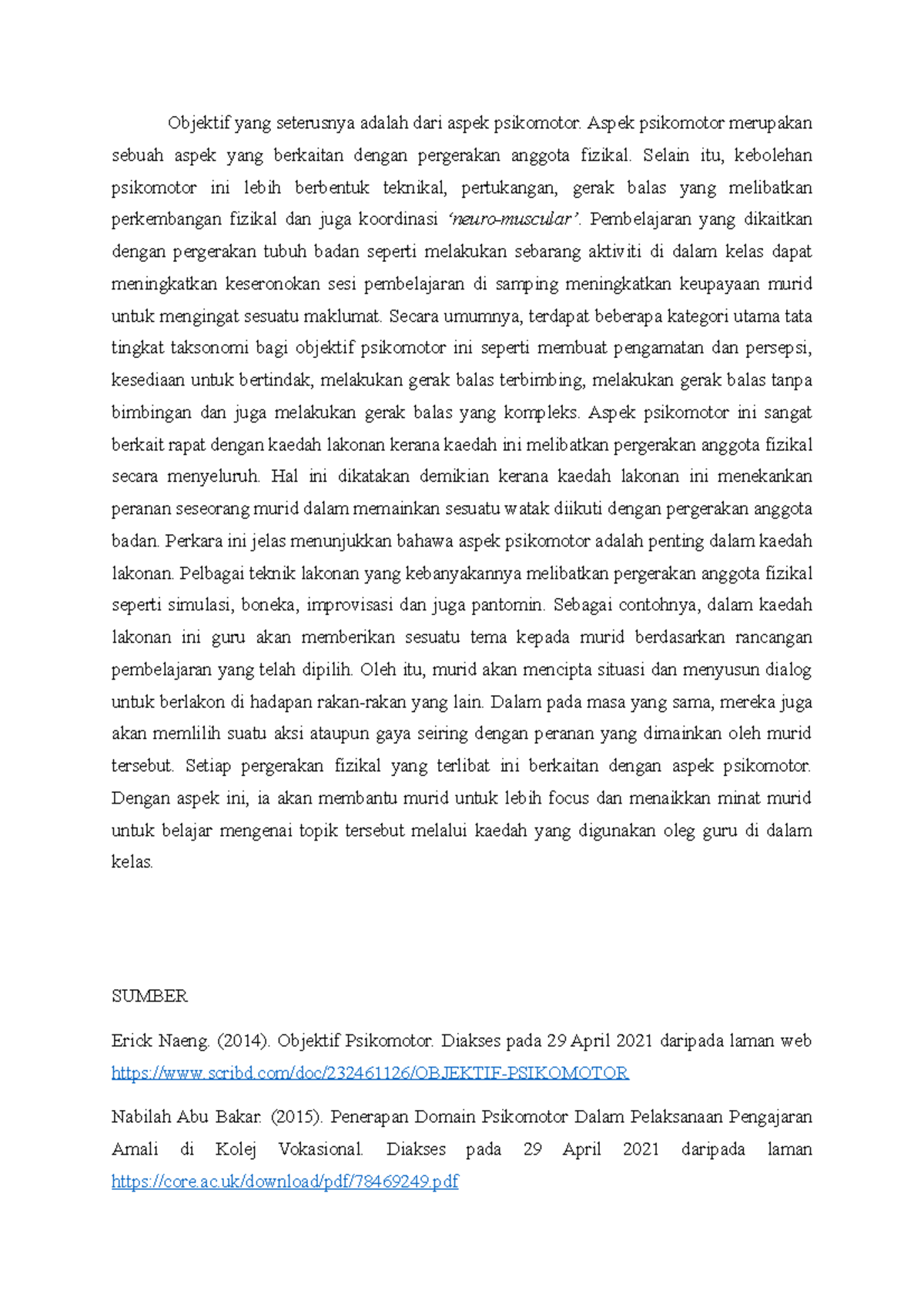 Nilai Psikomotor dalam Taksonomi Bloom - Objektif yang seterusnya ...