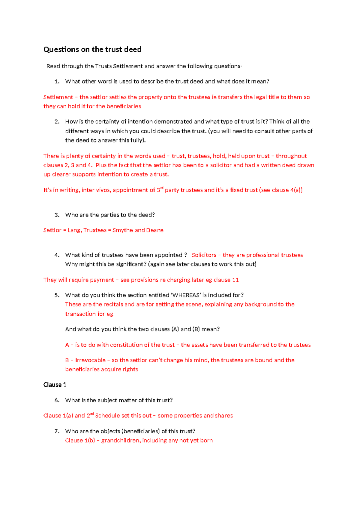 Sem 2 Trust Deed Questions and Answers: Comprehensive Guide - Studocu