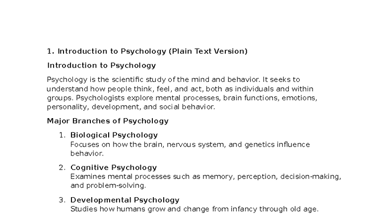 Psyc 101: Intro to Psychology - Key Concepts and Branches - Studocu