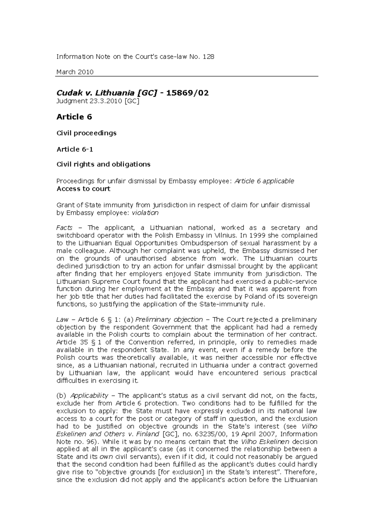 Diplomatic Immunity Case Study: Cudak v. Lithuania (No. 128) - Studocu