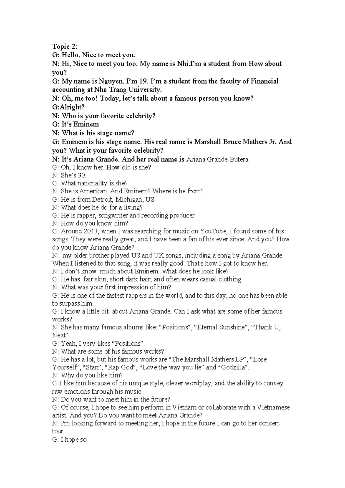 Topic 2: Discussion on Eminem and Ariana Grande - dlkxcnmc - Studocu