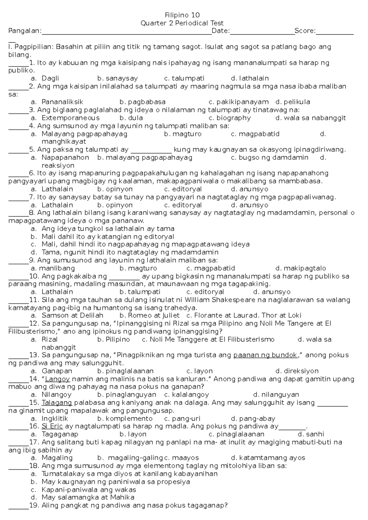 Filipino 10 Q2 Periodical Test: Review and Sample Questions - Studocu
