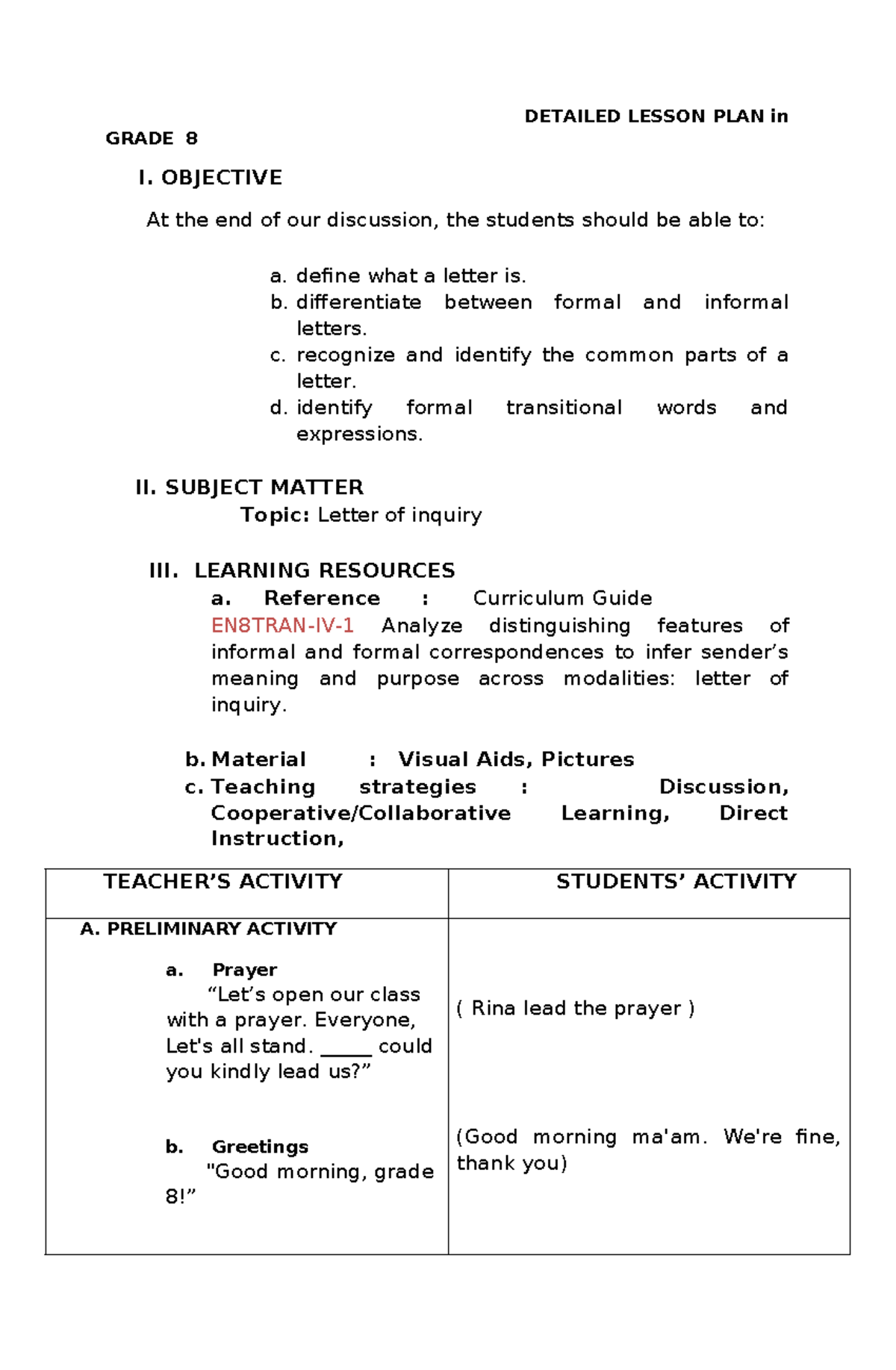 DLP Grade 8: Lesson Plan on Formal and Informal Letters - Studocu
