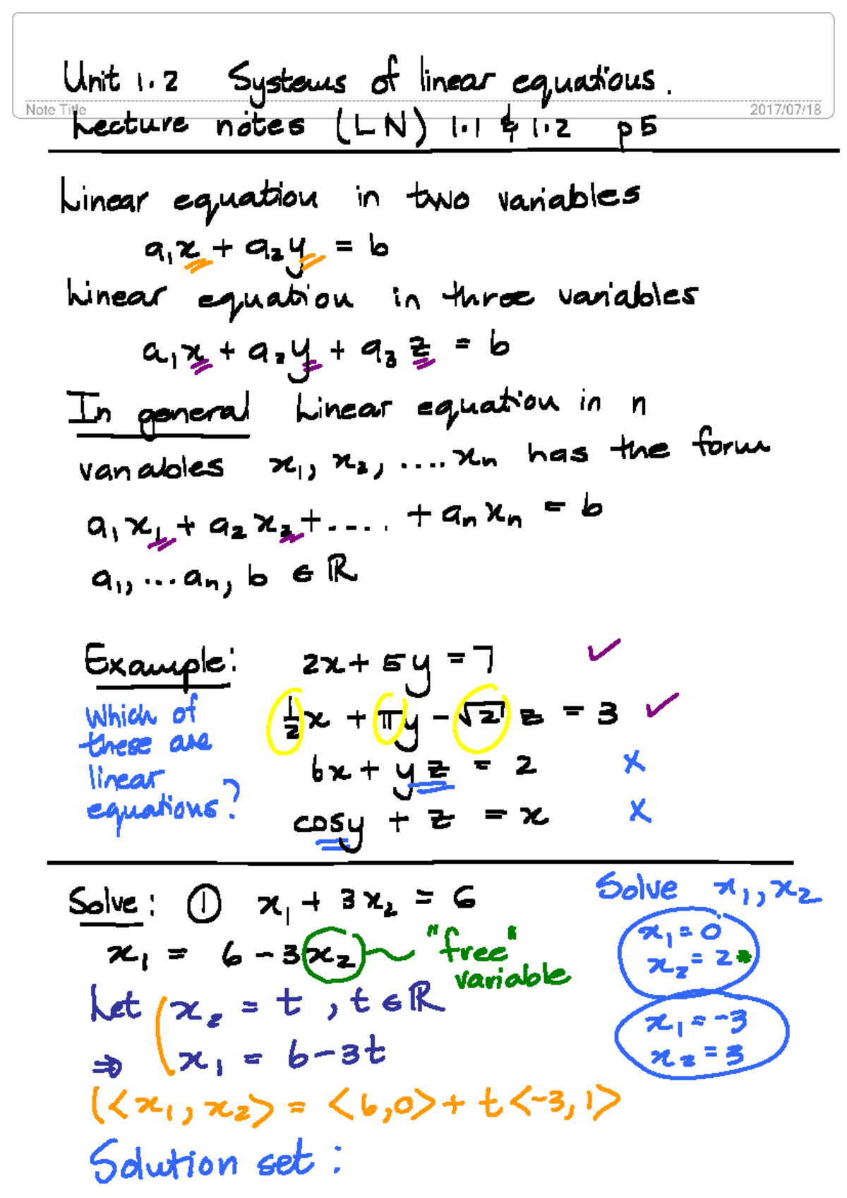 Su 1 - LU 1.2 - Unit 1 Systems of linear equatious Note Title Lecture ...