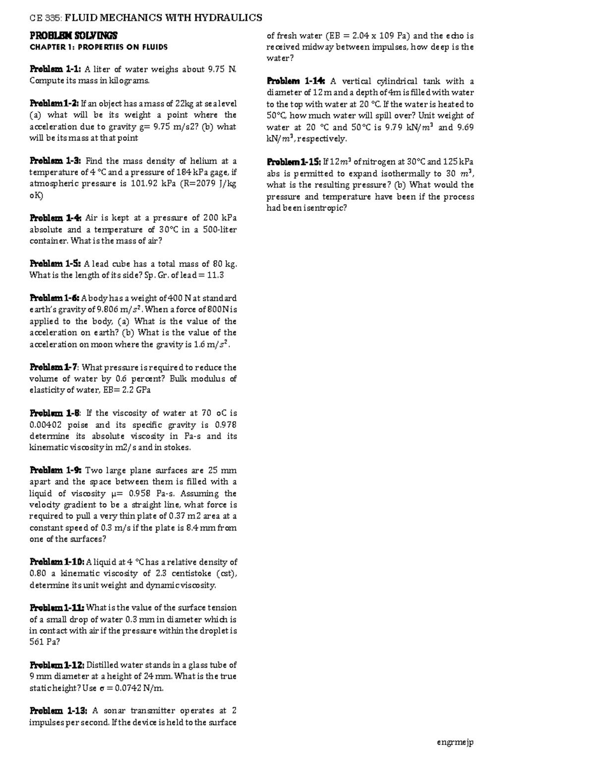 CE 335: Fluid Mechanics Problem Solving - Chapter 1 Overview - Studocu