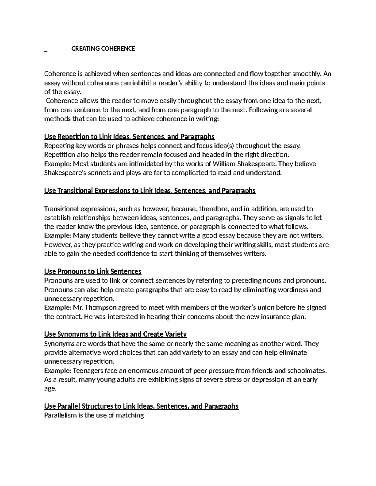 Creating Coherence - CREATING COHERENCE Coherence is achieved when ...