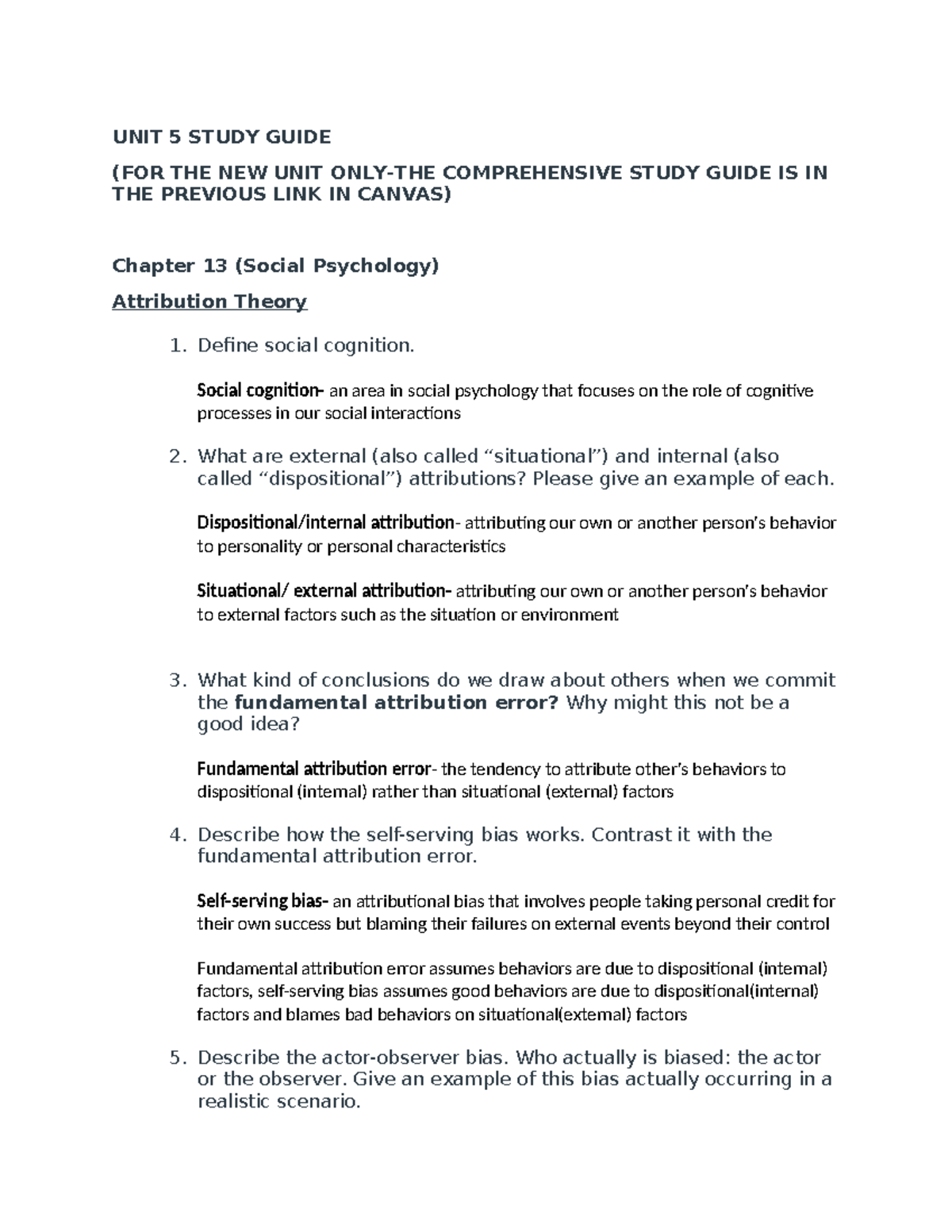 Unit 5 Study Guide- Psych - UNIT 5 STUDY GUIDE (FOR THE NEW UNIT ONLY ...